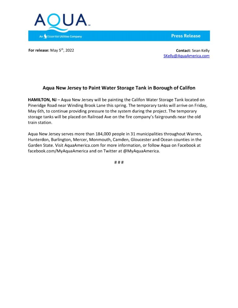 AQUA NJ – Temporary Tanks Arrive in Califon Monday, May 23rd – Califon ...